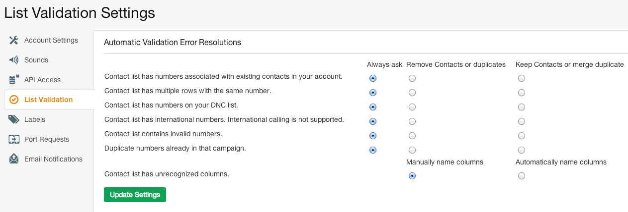List Validation Settings | CallFire